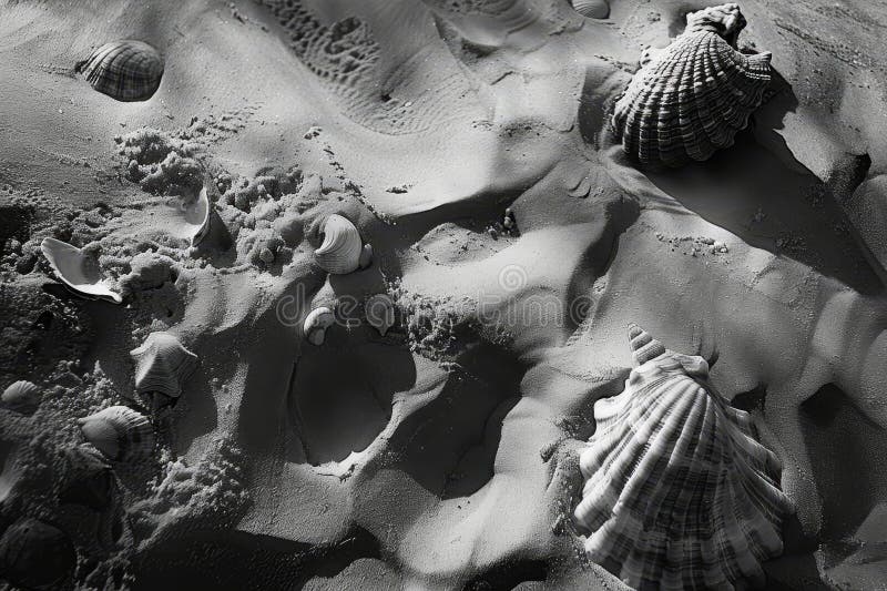 Black and White Image of Seashells and a Broken Shell Partially Buried ...