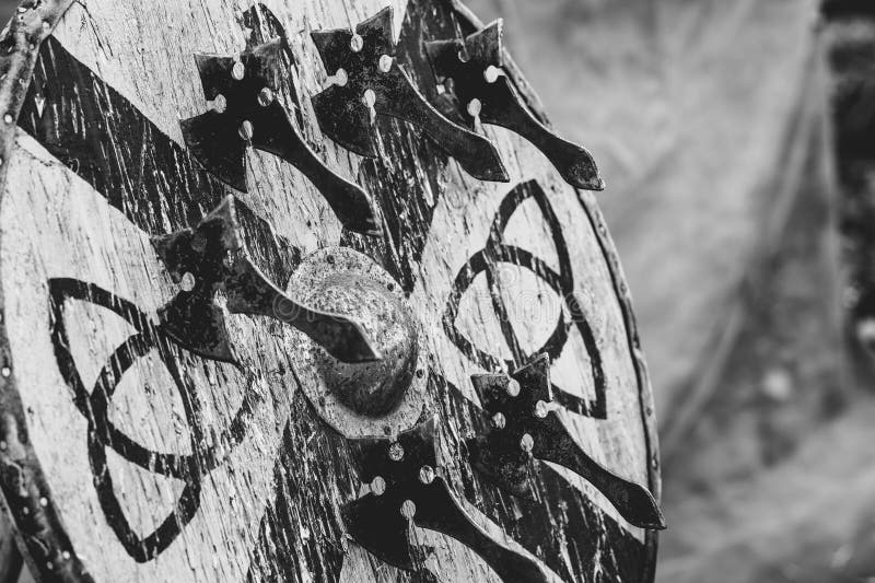 A Black and White Image of a Shield with a Celtic Cross on it Stock ...
