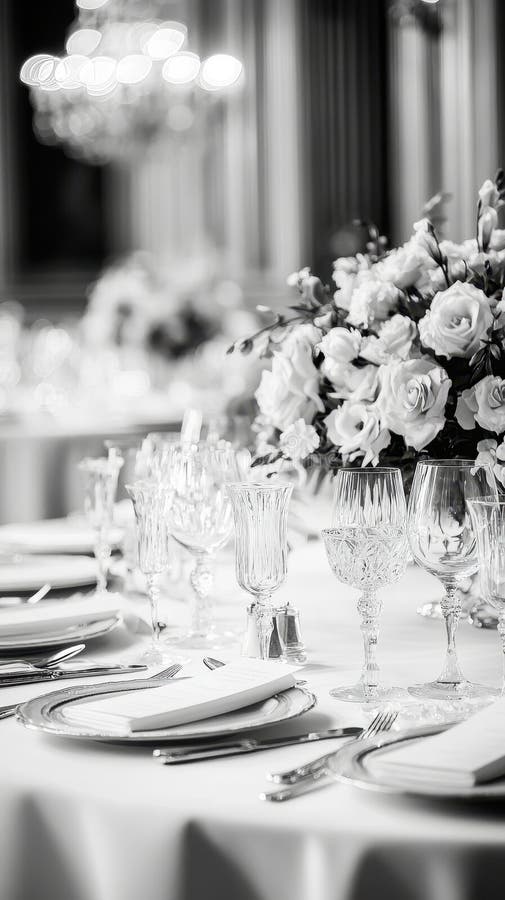 Elegant Black and White Wedding Reception Table Setting with Flowers ...