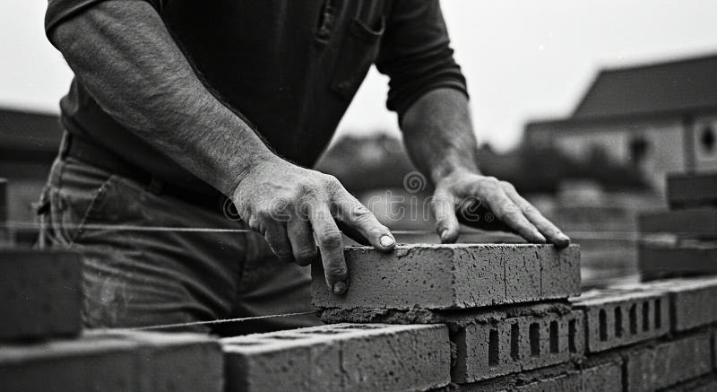 A Black and White Image Shows a Male Construction Worker Laying Bricks ...