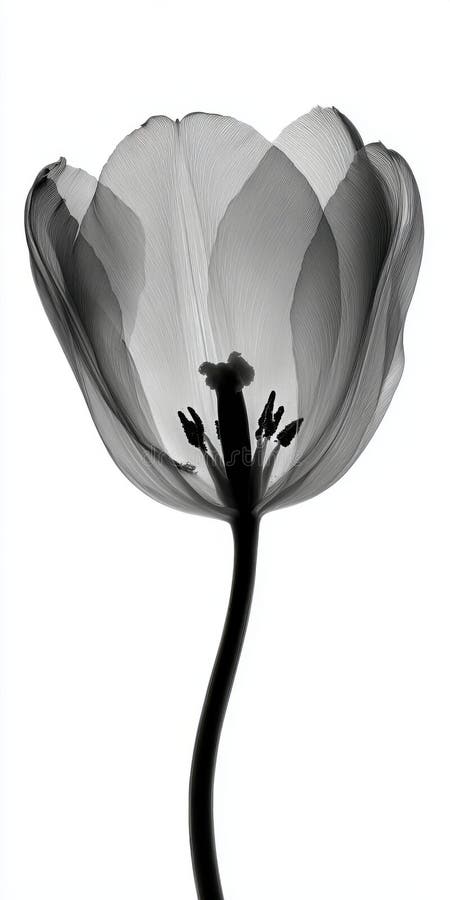 Grayscale Tulip Delicate Petals and Stem in Minimalist Composition ...