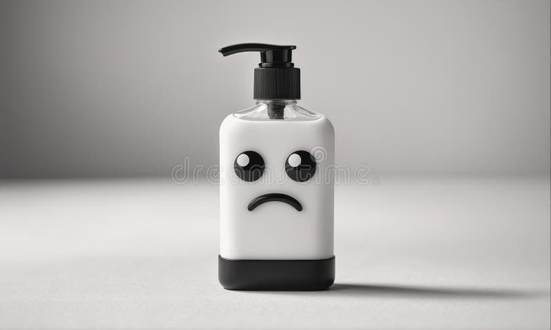 A Black and White Image of a Soap Dispenser with a Sad Face Stock ...