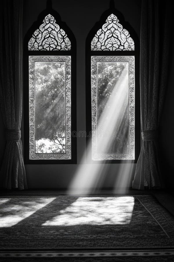 A Black and White Image of Sunlight Streaming in through Two Windows ...