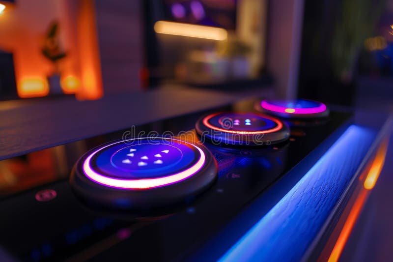 A Black and White Image of Three Buttons with Neon Lights on Them Stock ...