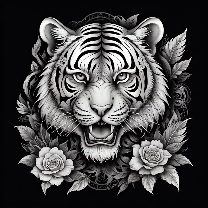 A Black and White Image of a Tiger S Face with Ornate Patterns on it ...