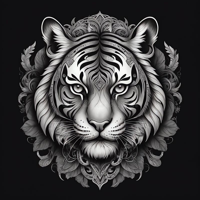 A Black and White Image of a Tiger S Face with Ornate Patterns on it ...