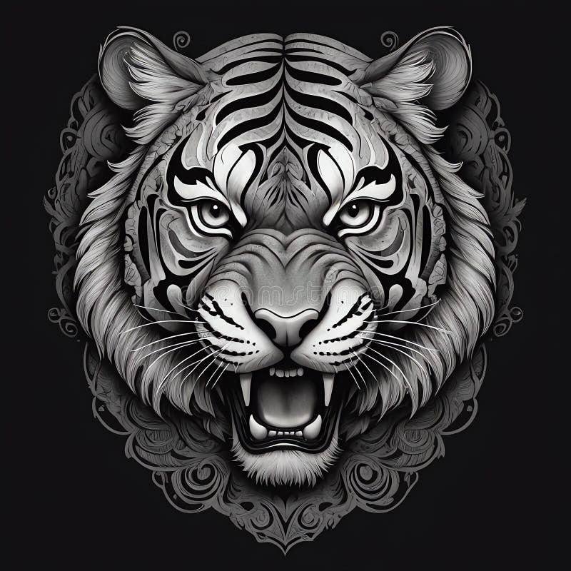 A Black and White Image of a Tiger S Face with Ornate Patterns on it ...