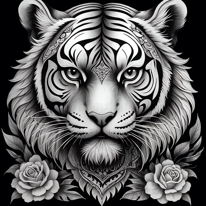A Black and White Image of a Tiger S Face with Ornate Patterns on it ...