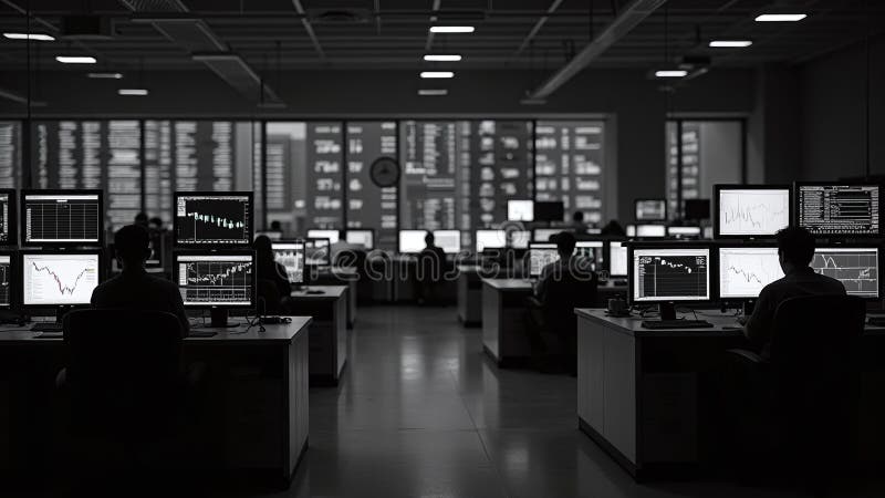 Trading Floor with Desks, Monitors, and Workers in Black and White ...