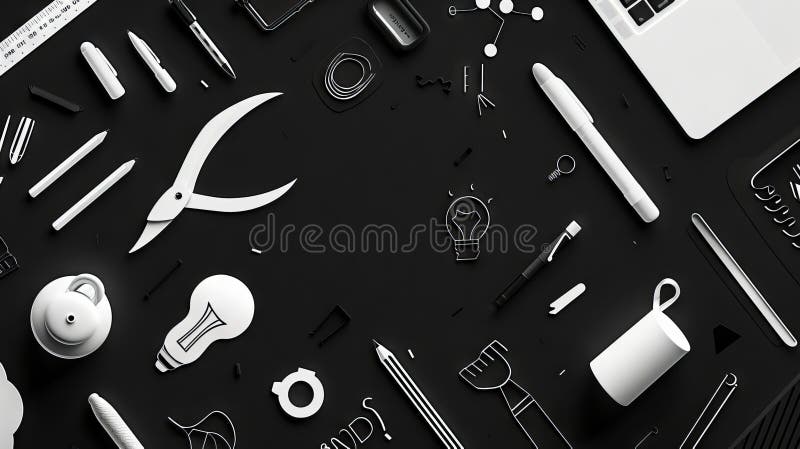 A Black and White Image of Various Tools and Objects Stock Image ...