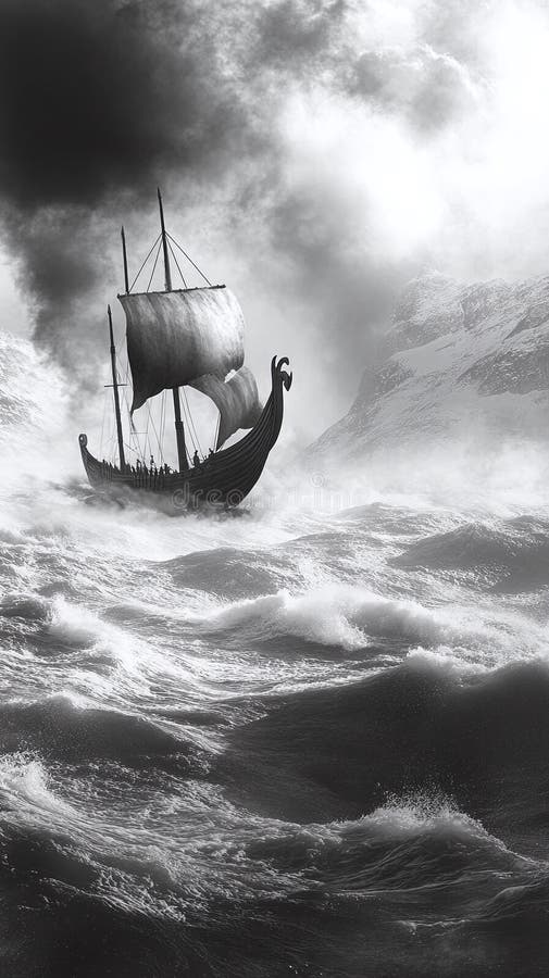 Black-and-white Image of a Viking Ship Sailing through Rough Seas Stock ... Black-and-white Image of a Viking Ship Sailing through Rough Seas Stock ...