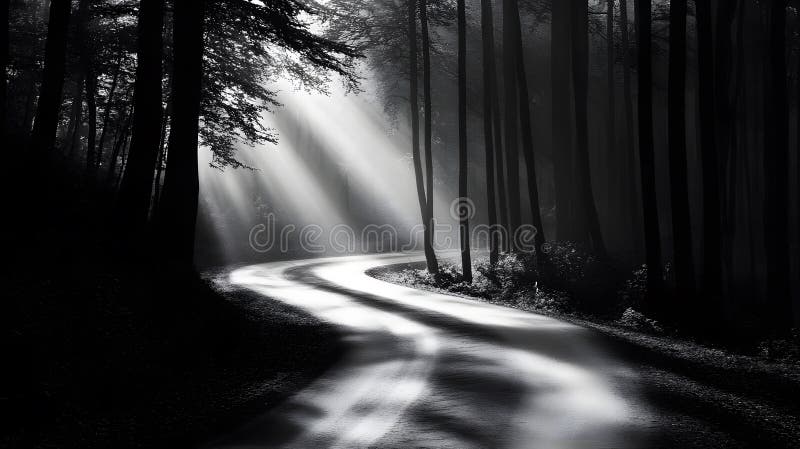 Black-and-white Image of a Winding Road through a Dense Forest, with ...