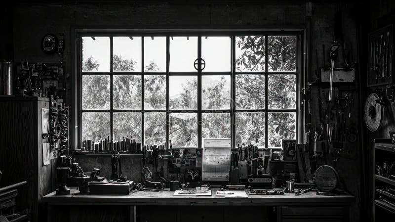 Black and White Image of a Workshop Interior with Tools Hanging on the ...