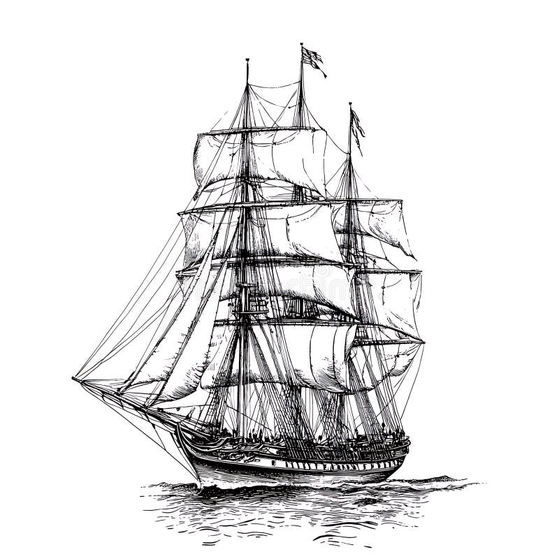 Black and White Ink Drawing of a Three-masted Sailing Ship Stock ...