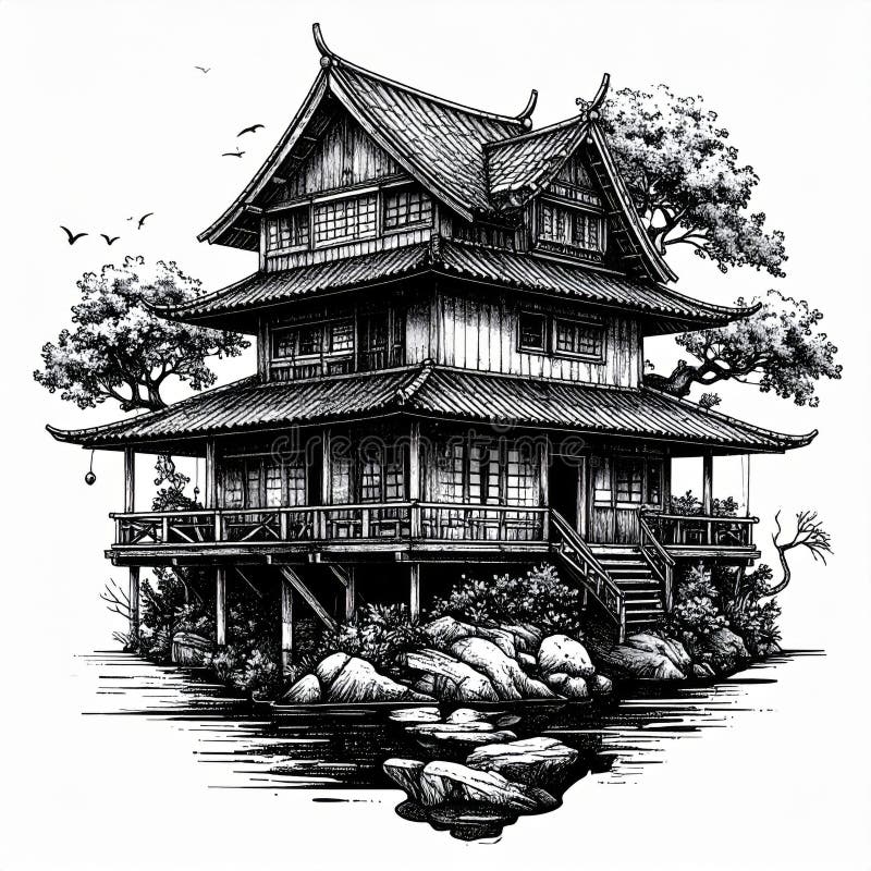 Black and White Ink Drawing of a Traditional Japanese House Stock ...
