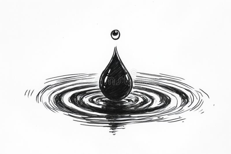 Black and White Ink Illustration of a Water Drop Creating Ripples Stock ...