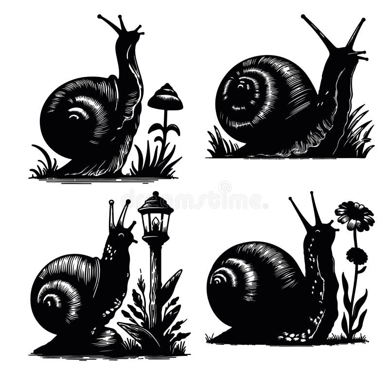 Detailed Black and White Ink Illustration of Snails with Shells Vector ...