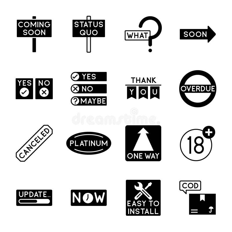 Black and White Interface Icons with Directional Labels and Warning ...