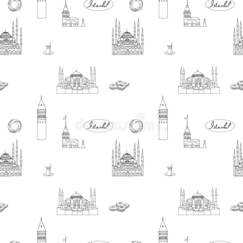 Black and White Istanbul Tourist Vector Print Seamless Pattern. Stock ...