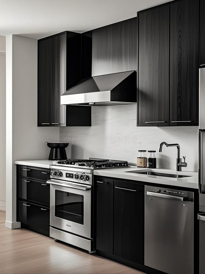 Black and White Kitchen Modern Interior Design House Architecture Stock ...