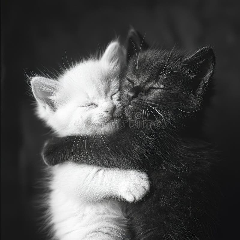 Black and White Kittens Hugging, Serene Moment of Affection Stock Photo ...