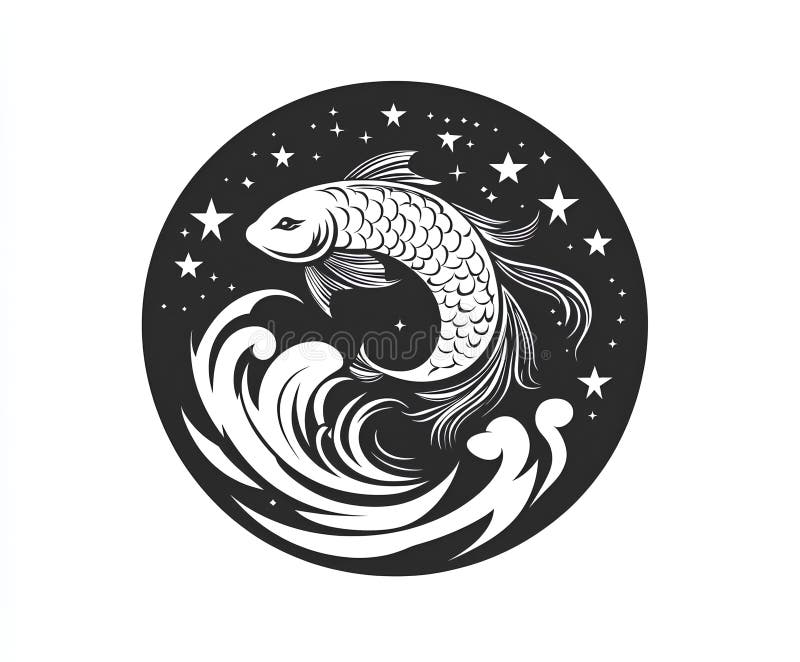 Black and White Koi Fish Illustration with Stars and Waves Stock ...