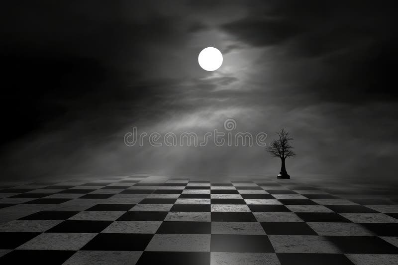 Black and White Landscape with Checkerboard Floor and Moonlight Stock ...