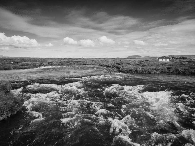 Black and White Landscape with a Rushing River Stock Image - Image of ...