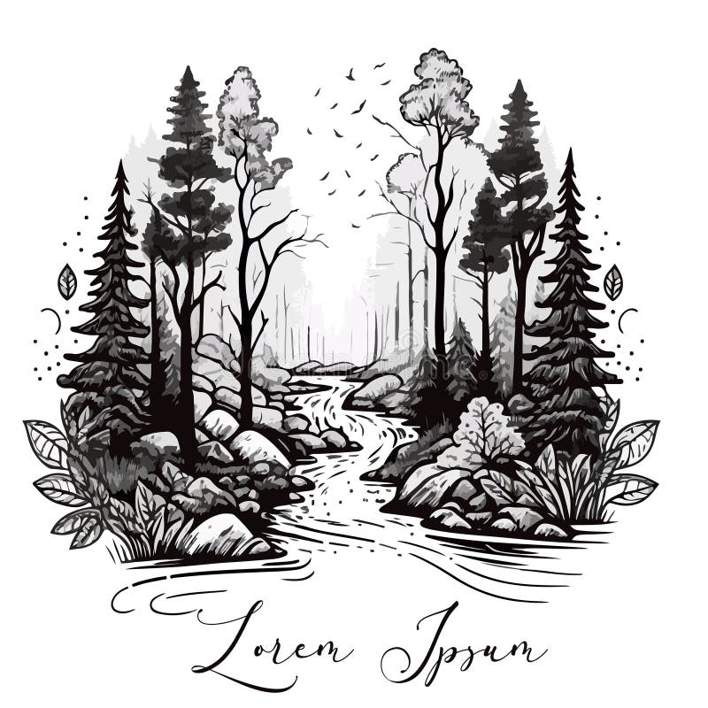 Stream Scene Black White Stock Illustrations – 528 Stream Scene Black ...