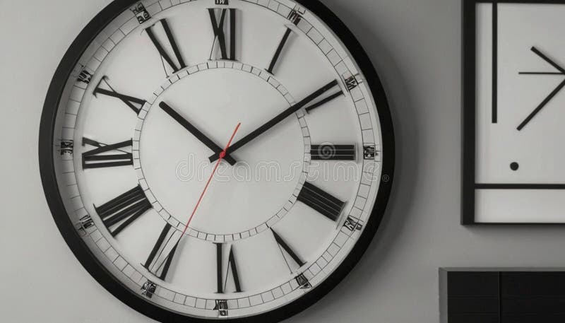 Black and White Large Classic Wall Clock on Grey Wall Stock ...