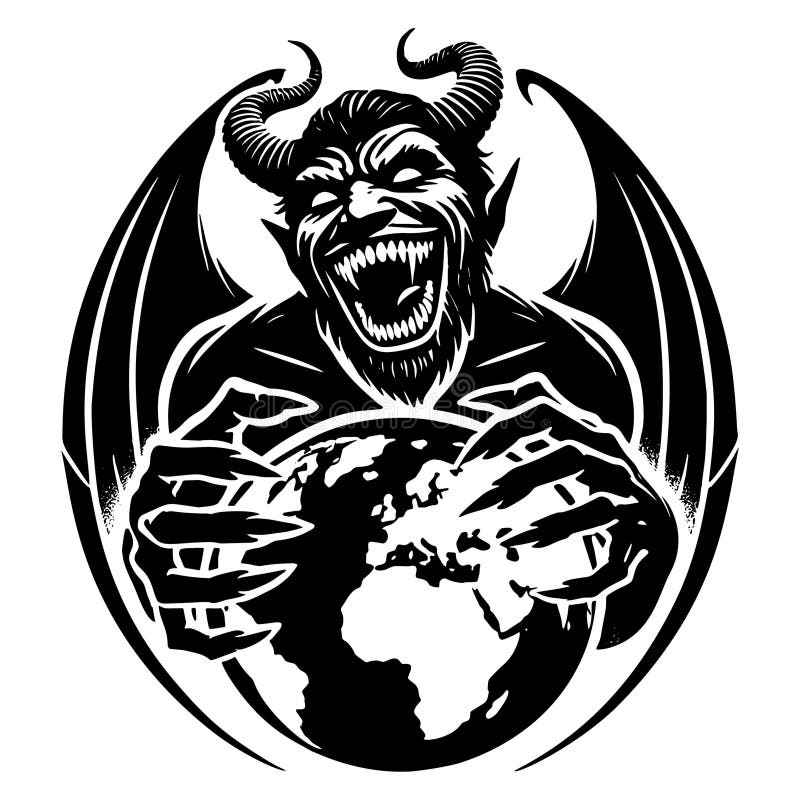 Black and White Laughing Demon Silhouette with Horns, Wings and Sharp ...