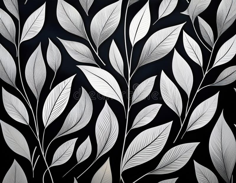 Black and White Leaf Pattern Simple White Leaf Silhouettes on Black ...