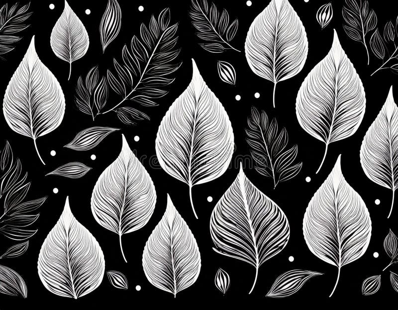 Black and White Leaf Pattern Simple White Leaf Silhouettes on Black ...