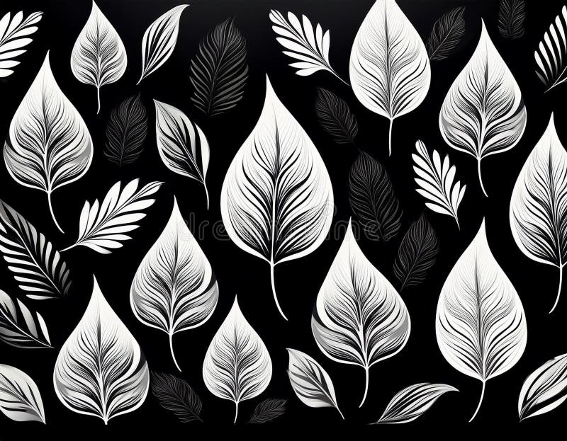 Black and White Leaf Pattern Simple White Leaf Silhouettes on Black ...