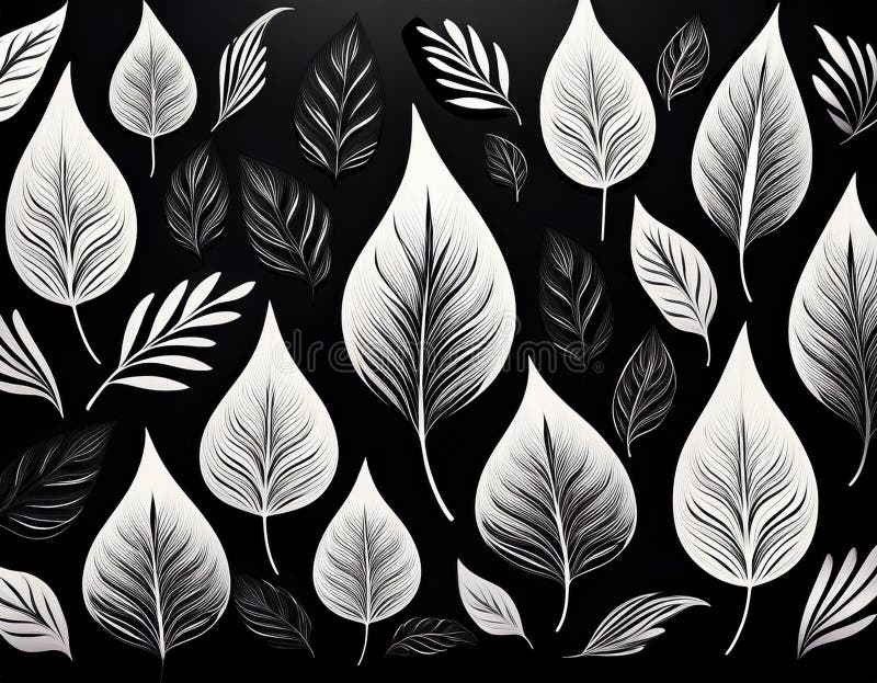 Black and White Leaf Pattern Simple White Leaf Silhouettes on Black ...