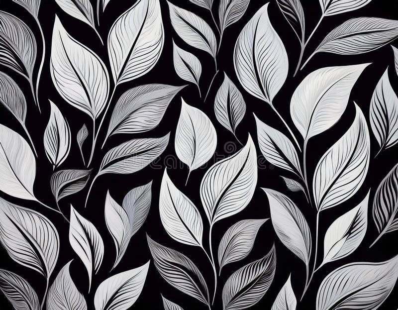 Black and White Leaf Pattern Simple White Leaf Silhouettes on Black ...