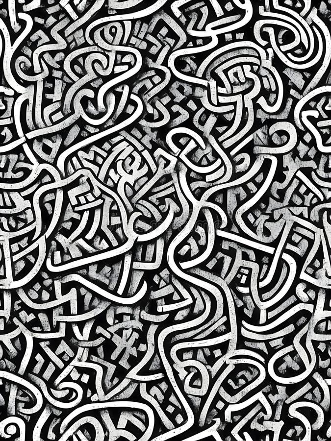 Black and White Letter Pattern. Alphabet Maze Seamless Pattern on Black ...