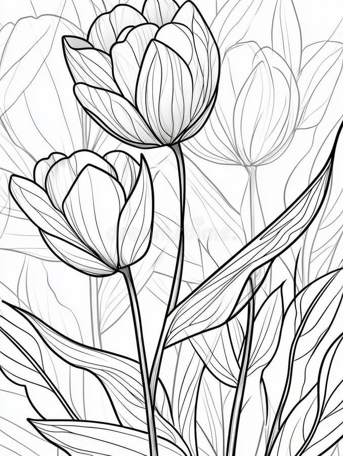Black and White Line Art Drawing of Tulips, Elegant Floral Design ...