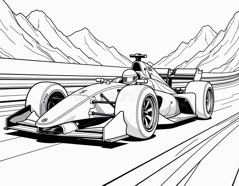 Black and White Line Art of Formula Race Car Speeding through Mountain ...
