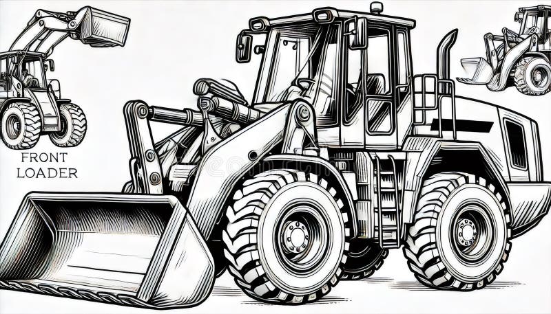 Detailed Line Drawing of a Front Loader for Coloring Books Stock ...