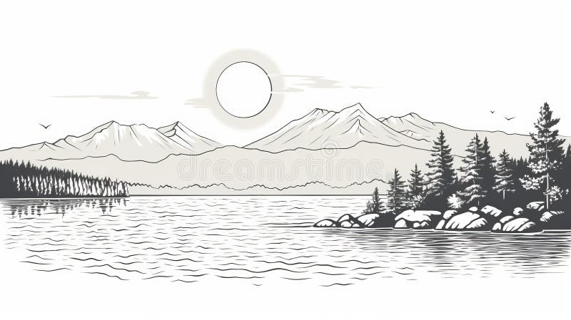 Lake George Around Graphic: Black and White Line Art T-shirt Design ...