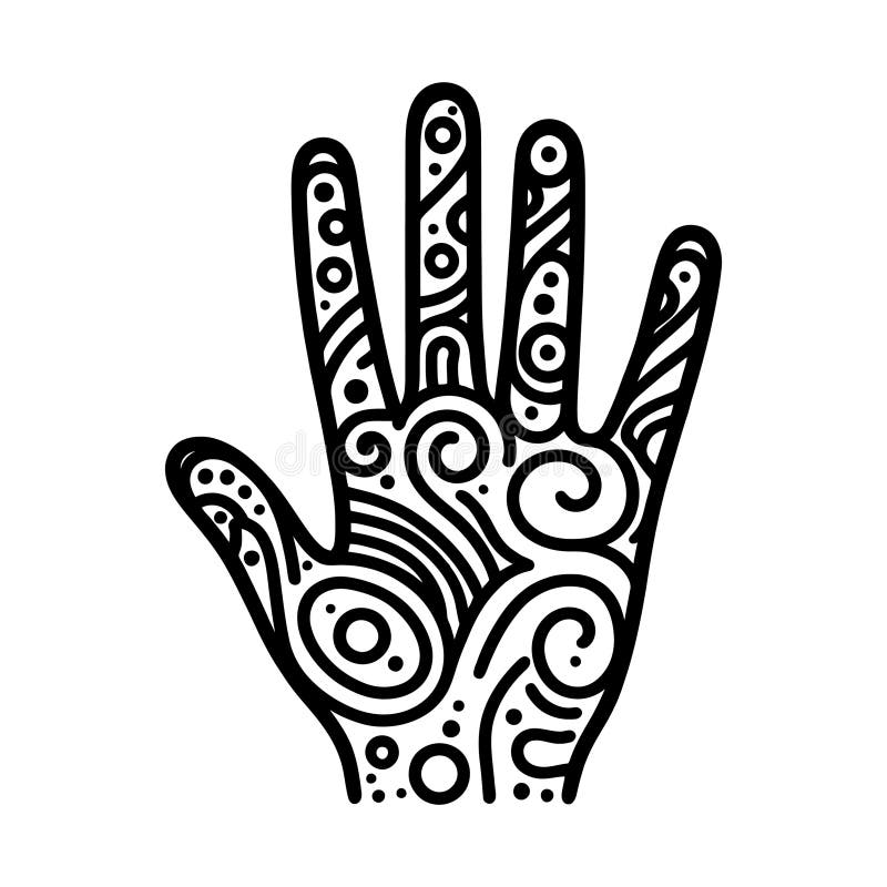 Black and White Line Art Illustration of an Open Hand with Abstract ...
