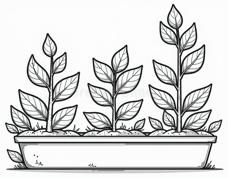 Black and White Line Art Illustration of Three Plants in a Pot Stock ...