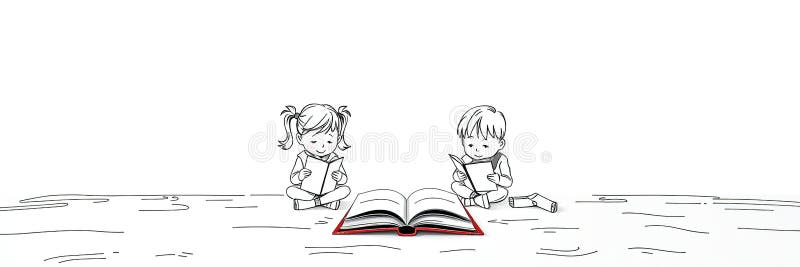 Black and White Line Art Illustrations of Children Reading and Studying ...
