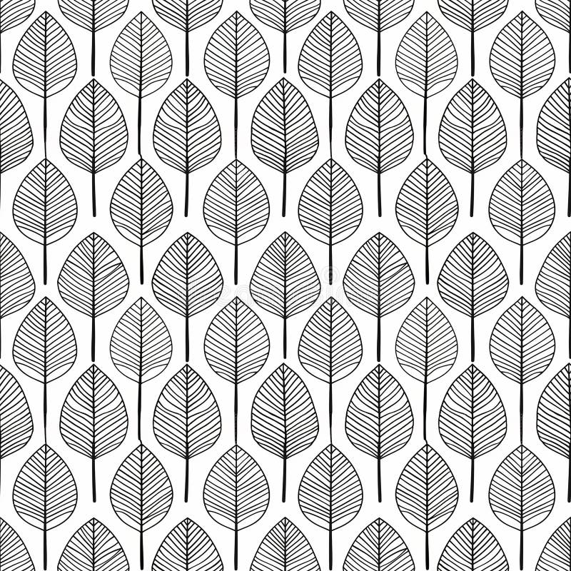 Black and White Line Art Leaf Pattern Seamless Repeat Stock ...