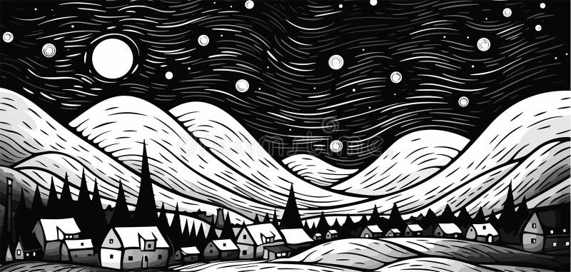 Night Land Scape with Mountains and Lake Stock Illustration ...
