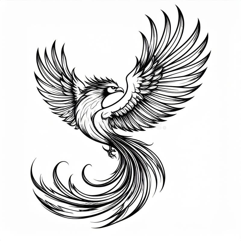 Black and White Line Art Phoenix Bird Illustration Stock Illustration ...