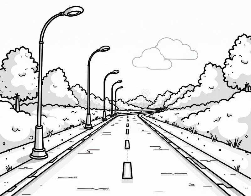 Black and White Line Art of a Road Winding through Trees Stock ...