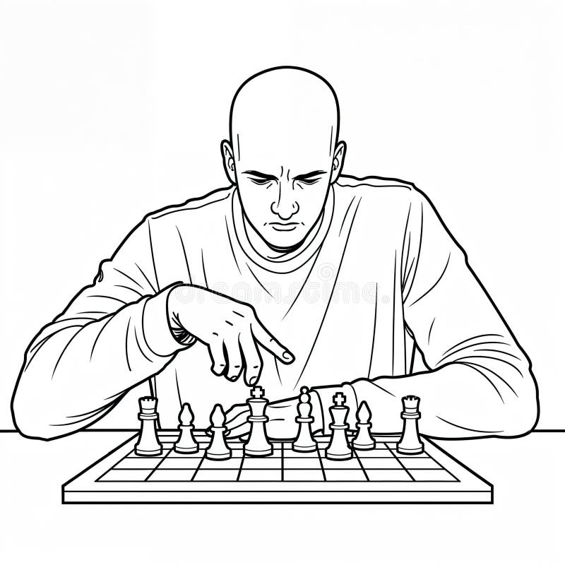 Bald Chess Player with Focused Expression in Minimalist Line Drawing ...