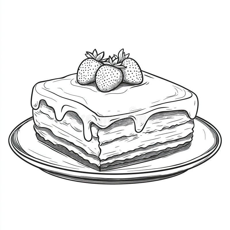 Black and White Line Drawing of a Cake on a Plate. Stock Illustration ...